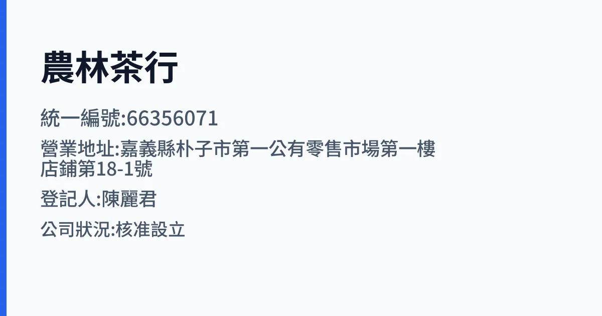 農林茶行 - 統編 66356071(嘉義縣) 公司登記資料與營業項目詳細圖表