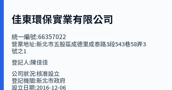 佳東環保實業有限公司的照片-統編 66357022(新北市) 公司登記資料與營業項目詳細圖表