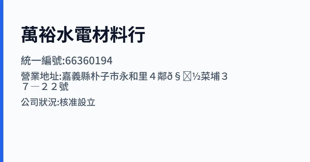 萬裕水電材料行 - 統編 66360194(嘉義縣) 公司登記資料與營業項目詳細圖表