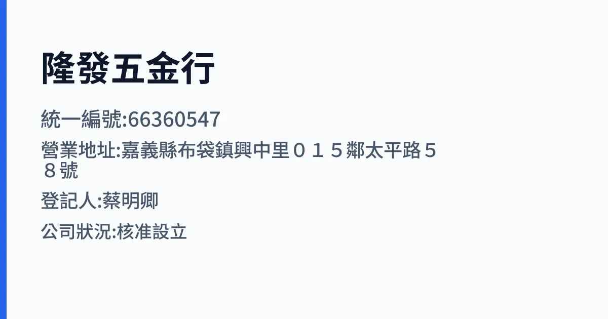 隆發五金行 - 統編 66360547(嘉義縣) 公司登記資料與營業項目詳細圖表