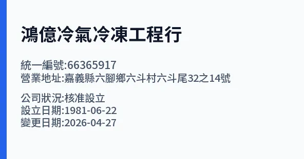 鴻億冷氣冷凍工程行的照片-統編 66365917(嘉義縣) 公司登記資料與營業項目詳細圖表