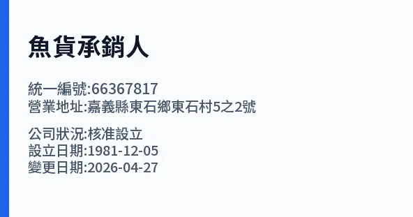 魚貨承銷人的照片-統編 66367817(嘉義縣) 公司登記資料與營業項目詳細圖表