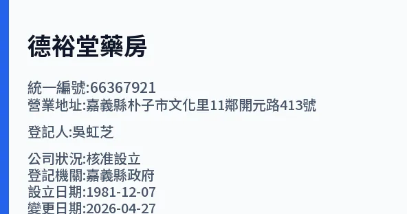 德裕堂藥房的照片-統編 66367921(嘉義縣) 公司登記資料與營業項目詳細圖表