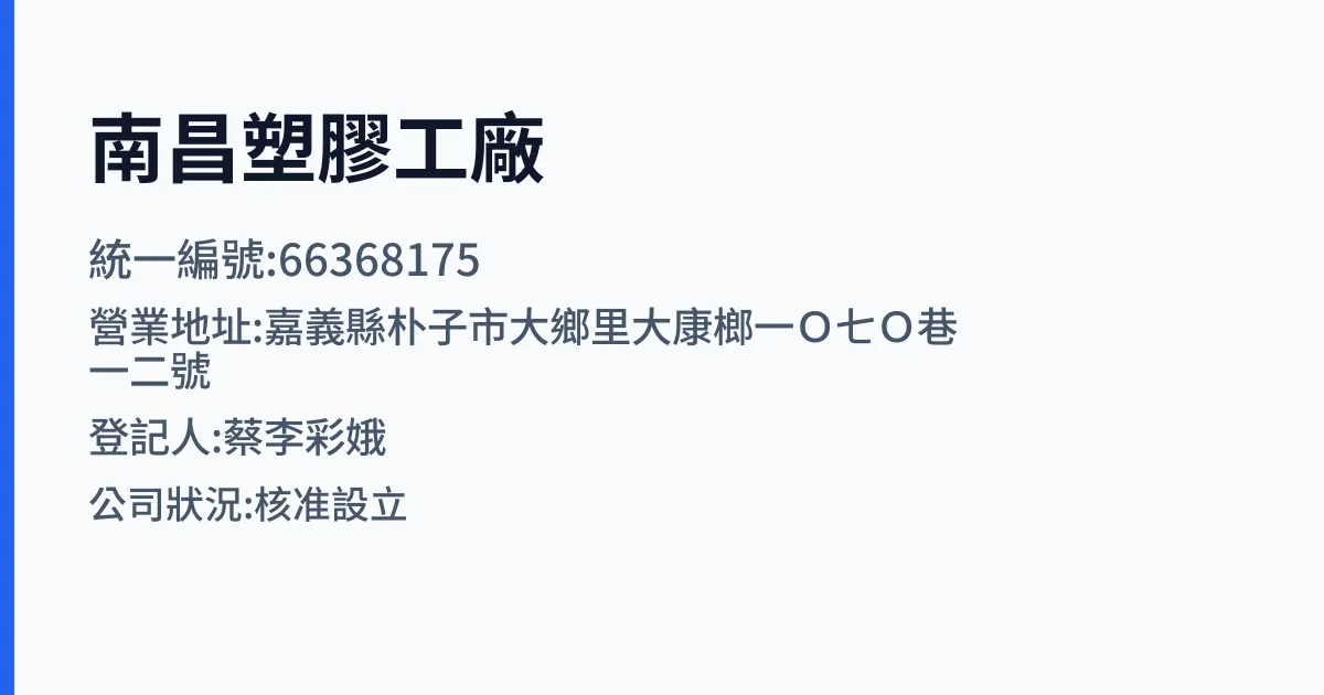 南昌塑膠工廠 - 統編 66368175(嘉義縣) 公司登記資料與營業項目詳細圖表