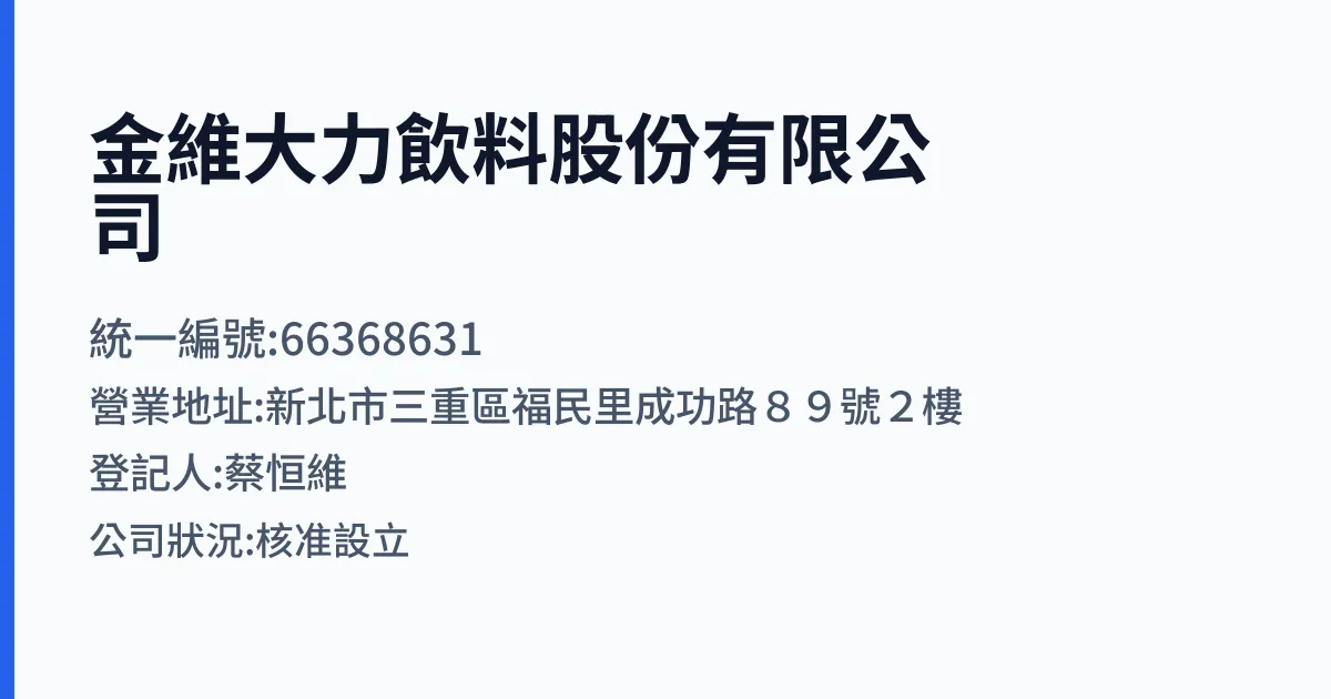 金維大力飲料股份有限公司 - 統編 66368631(新北市) 公司登記資料與營業項目詳細圖表