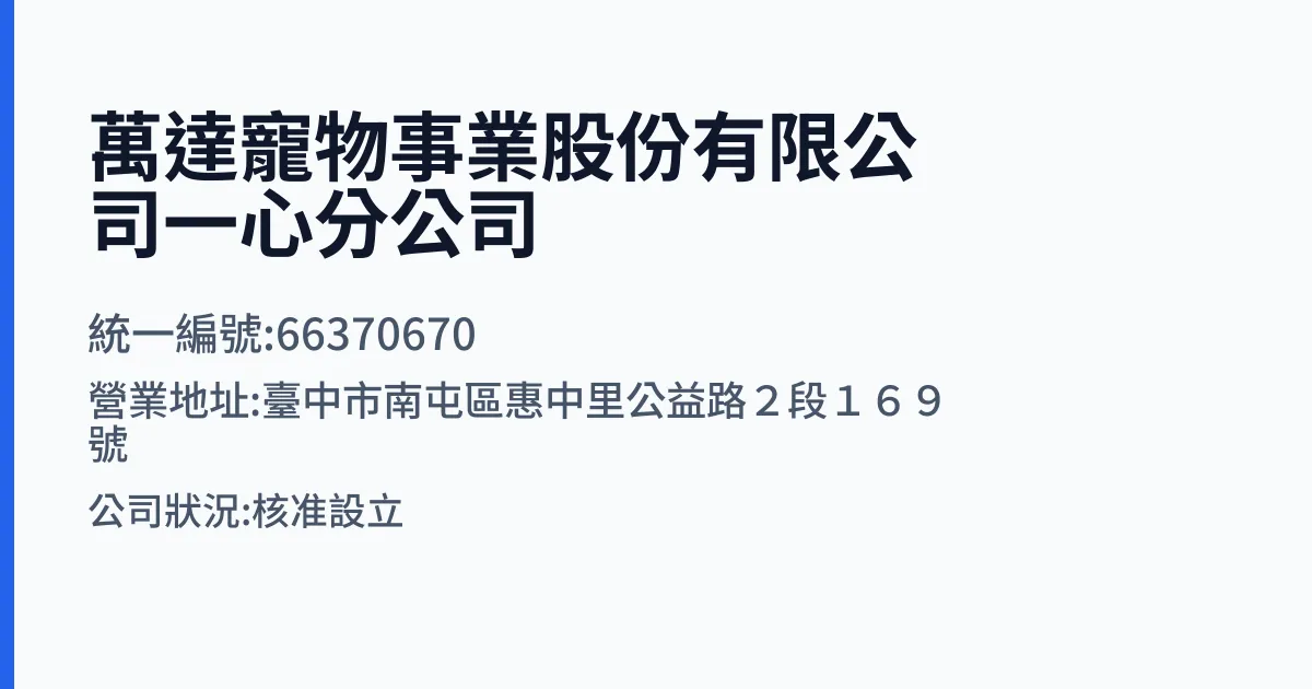 萬達寵物事業股份有限公司一心分公司 - 統編 66370670(臺中市) 公司登記資料與營業項目詳細圖表