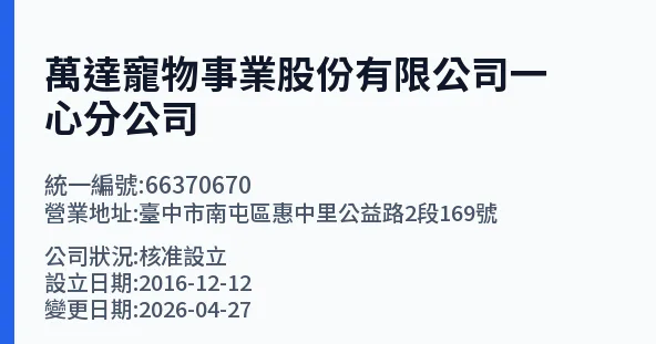 萬達寵物事業股份有限公司一心分公司的照片-統編 66370670(臺中市) 公司登記資料與營業項目詳細圖表