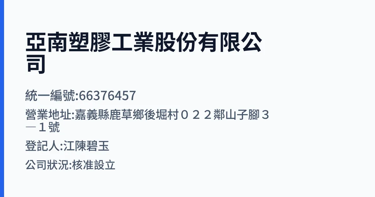 亞南塑膠工業股份有限公司 - 統編 66376457(嘉義縣) 公司登記資料與營業項目詳細圖表