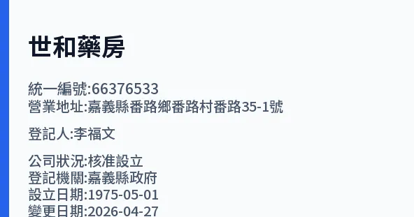 世和藥房的照片-統編 66376533(嘉義縣) 公司登記資料與營業項目詳細圖表
