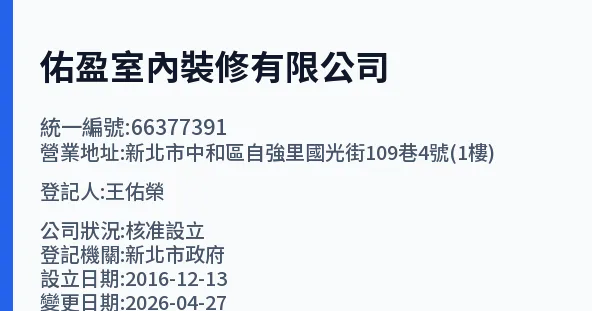 佑盈室內裝修有限公司的照片-統編 66377391(新北市) 公司登記資料與營業項目詳細圖表