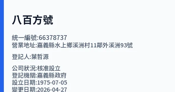 八百方號的照片-統編 66378737(嘉義縣) 公司登記資料與營業項目詳細圖表