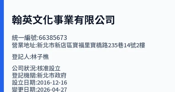 翰英文化事業有限公司的照片-統編 66385673(新北市) 公司登記資料與營業項目詳細圖表