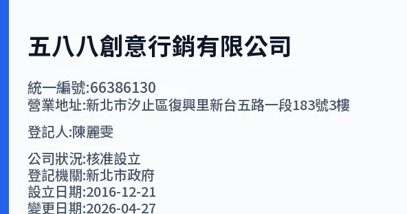 五八八創意行銷有限公司的照片-統編 66386130(新北市) 公司登記資料與營業項目詳細圖表