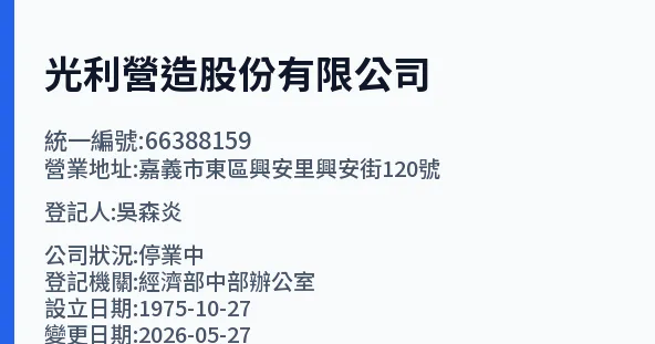 光利營造股份有限公司的照片-統編 66388159(嘉義市) 公司登記資料與營業項目詳細圖表