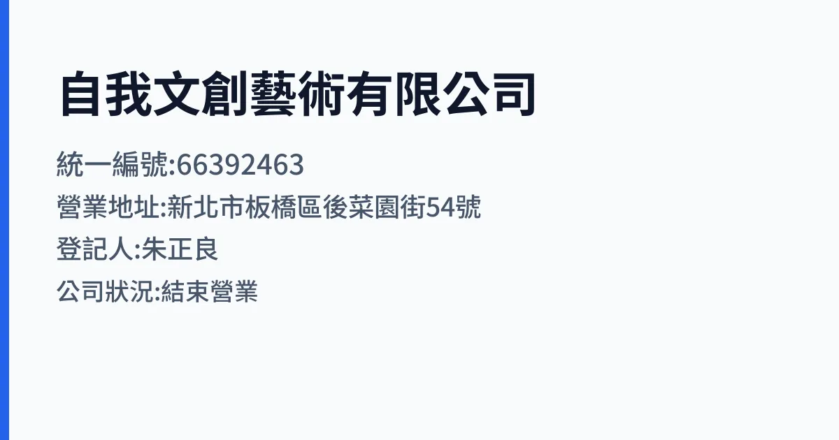 自我文創藝術有限公司 - 統編 66392463(新北市) 公司登記資料與營業項目詳細圖表