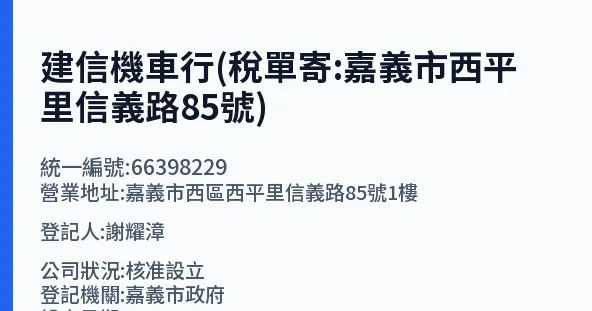 建信機車行(稅單寄:嘉義市西平里信義路85號)的照片-統編 66398229(嘉義市) 公司登記資料與營業項目詳細圖表