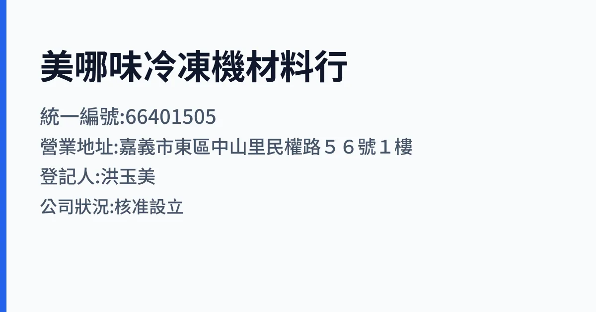 美哪味冷凍機材料行 - 統編 66401505(嘉義市) 公司登記資料與營業項目詳細圖表