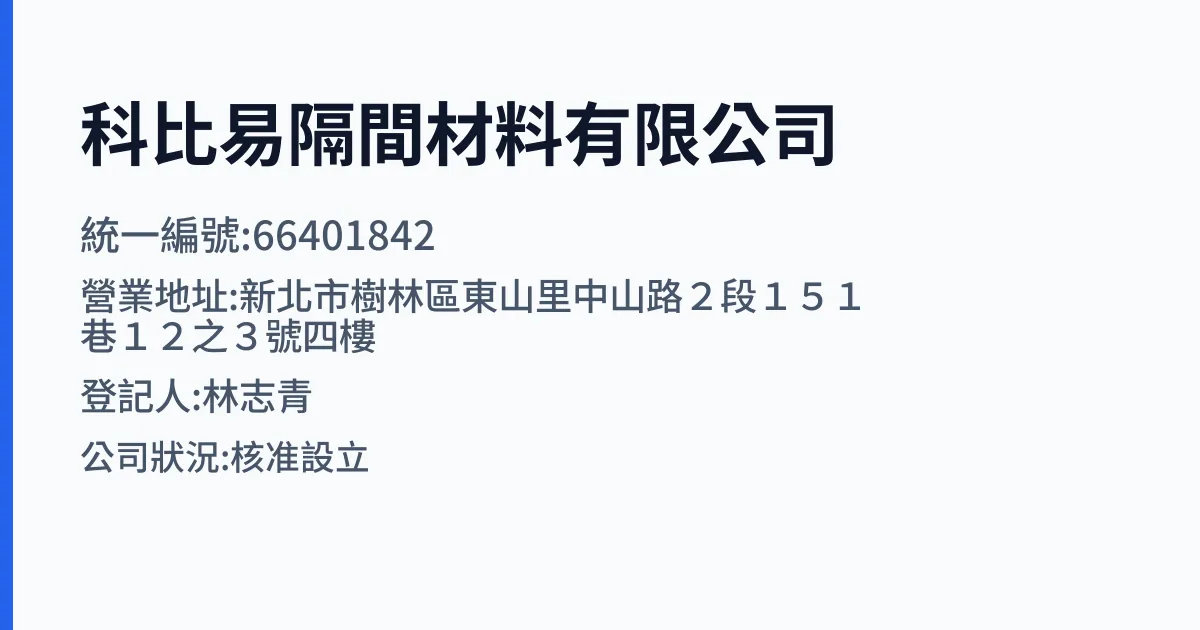 科比易隔間材料有限公司 - 統編 66401842(新北市) 公司登記資料與營業項目詳細圖表