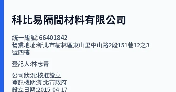科比易隔間材料有限公司的照片-統編 66401842(新北市) 公司登記資料與營業項目詳細圖表