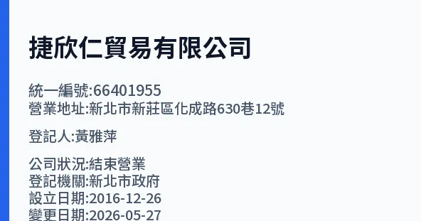 捷欣仁貿易有限公司的照片-統編 66401955(新北市) 公司登記資料與營業項目詳細圖表