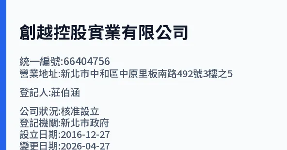 創越控股實業有限公司的照片-統編 66404756(新北市) 公司登記資料與營業項目詳細圖表
