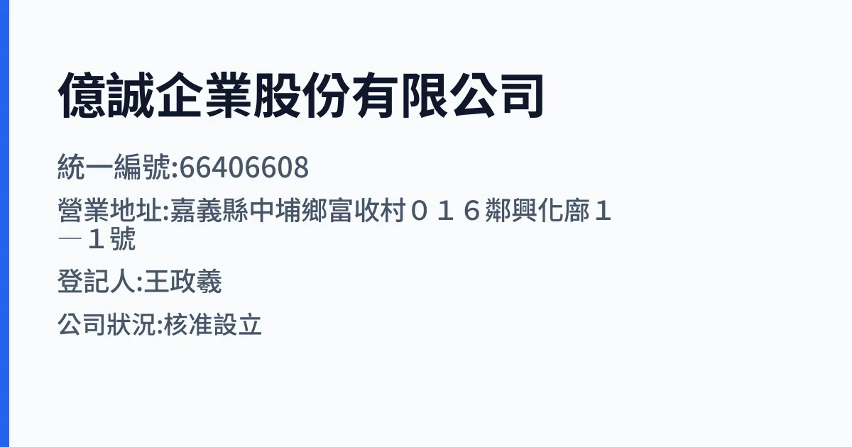 億誠企業股份有限公司 - 統編 66406608(嘉義縣) 公司登記資料與營業項目詳細圖表