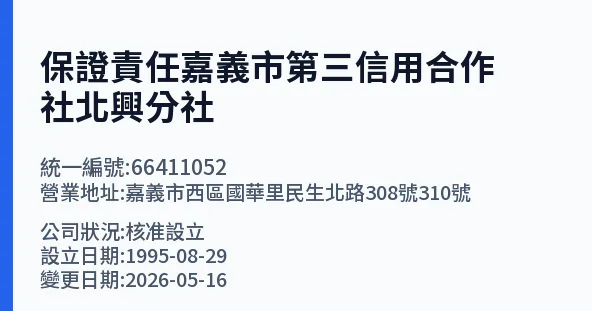 保證責任嘉義市第三信用合作社北興分社的照片-統編 66411052(嘉義市) 公司登記資料與營業項目詳細圖表