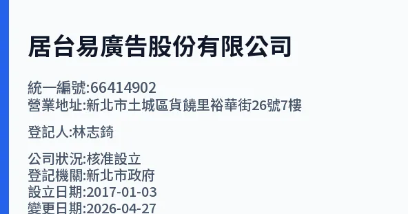 居台易廣告股份有限公司的照片-統編 66414902(新北市) 公司登記資料與營業項目詳細圖表