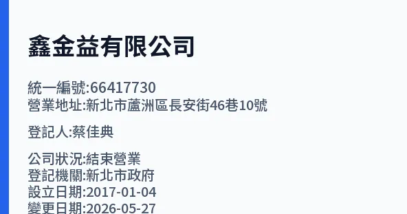 鑫金益有限公司的照片-統編 66417730(新北市) 公司登記資料與營業項目詳細圖表