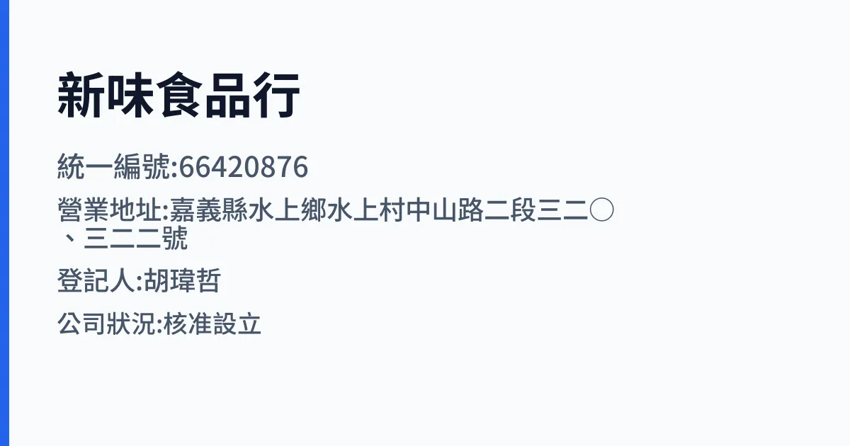 新味食品行 - 統編 66420876(嘉義市) 公司登記資料與營業項目詳細圖表
