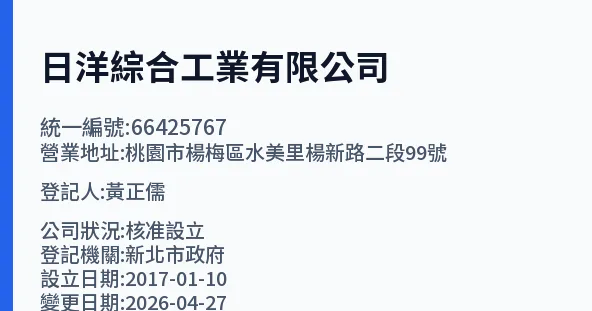 日洋綜合工業有限公司的照片-統編 66425767(桃園市) 公司登記資料與營業項目詳細圖表