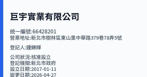 巨宇實業有限公司的照片-統編 66428201(新北市) 公司登記資料與營業項目詳細圖表