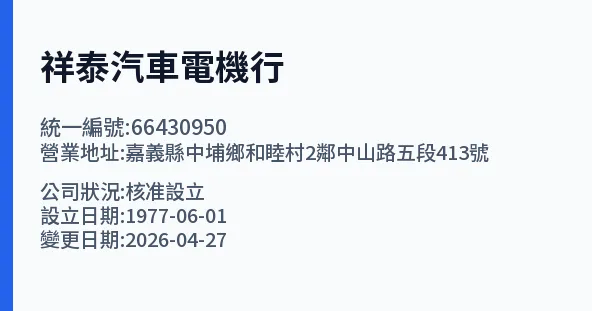 祥泰汽車電機行的照片-統編 66430950(嘉義縣) 公司登記資料與營業項目詳細圖表