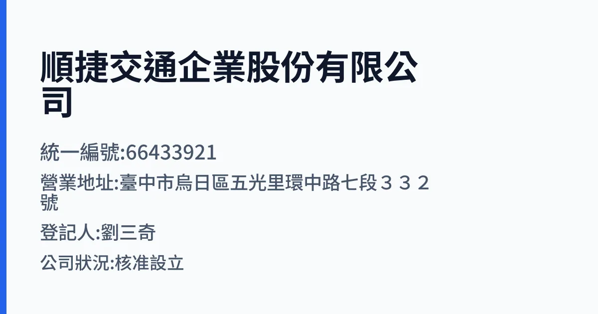 順捷交通企業股份有限公司 - 統編 66433921(臺南市) 公司登記資料與營業項目詳細圖表