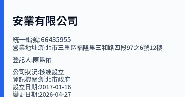 安業有限公司的照片-統編 66435955(新北市) 公司登記資料與營業項目詳細圖表