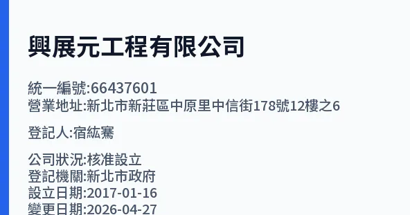 興展元工程有限公司的照片-統編 66437601(新北市) 公司登記資料與營業項目詳細圖表