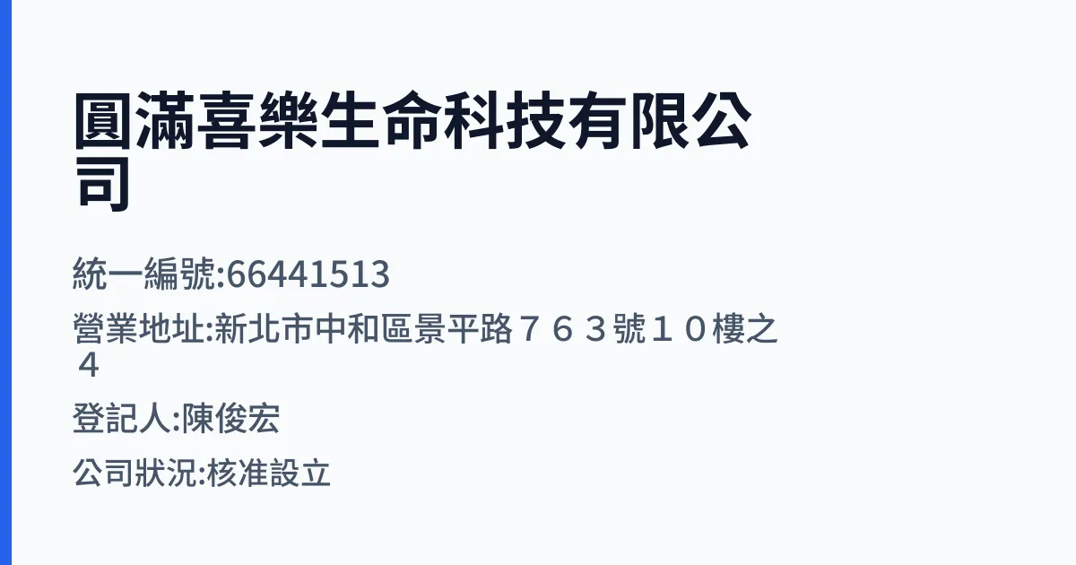 圓滿喜樂生命科技有限公司 - 統編 66441513(新北市) 公司登記資料與營業項目詳細圖表