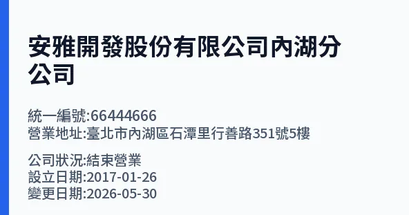 安雅開發股份有限公司內湖分公司的照片-統編 66444666(臺北市) 公司登記資料與營業項目詳細圖表