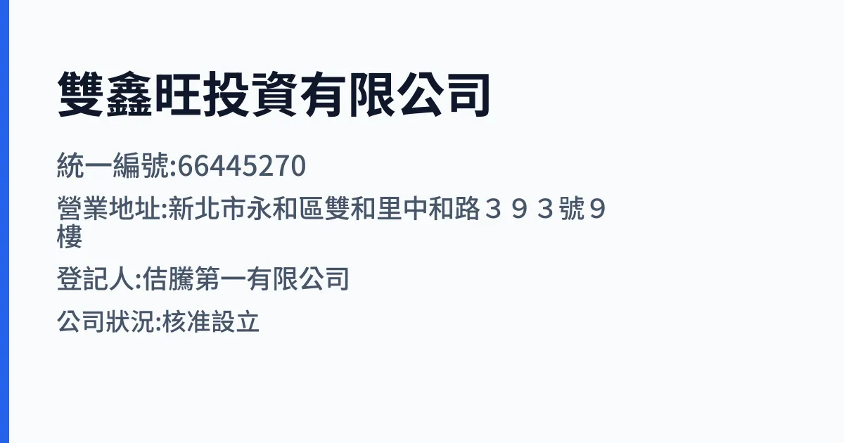 雙鑫旺投資有限公司 - 統編 66445270(新北市) 公司登記資料與營業項目詳細圖表