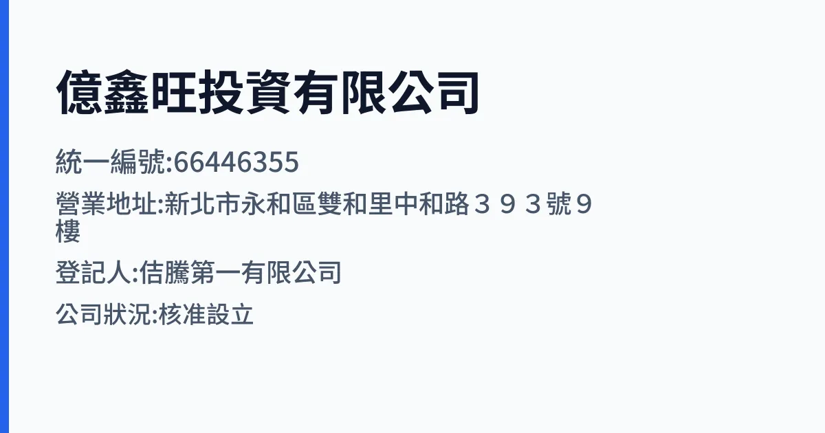 億鑫旺投資有限公司 - 統編 66446355(新北市) 公司登記資料與營業項目詳細圖表
