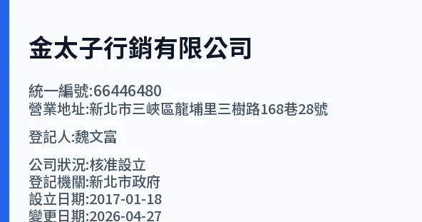 金太子行銷有限公司的照片-統編 66446480(新北市) 公司登記資料與營業項目詳細圖表