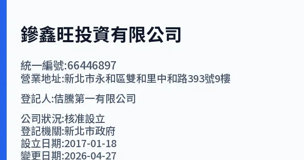 鏒鑫旺投資有限公司的照片-統編 66446897(新北市) 公司登記資料與營業項目詳細圖表