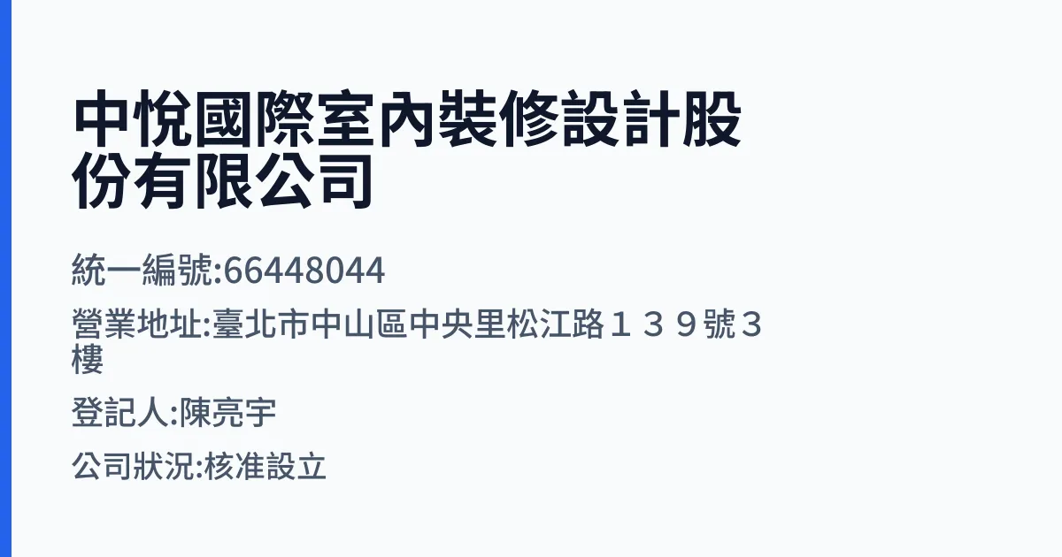 中悅國際室內裝修設計股份有限公司 - 統編 66448044(臺北市) 公司登記資料與營業項目詳細圖表