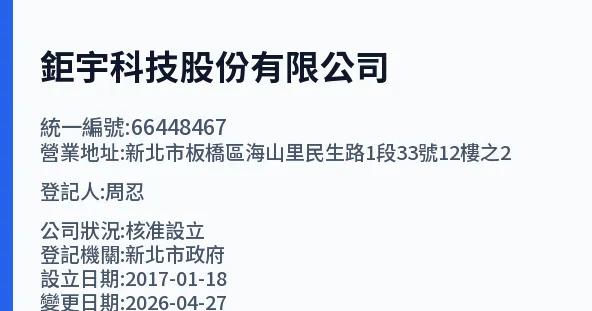 鉅宇科技股份有限公司的照片-統編 66448467(新北市) 公司登記資料與營業項目詳細圖表