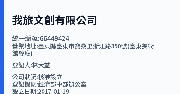 我旅文創有限公司的照片-統編 66449424(臺東縣) 公司登記資料與營業項目詳細圖表