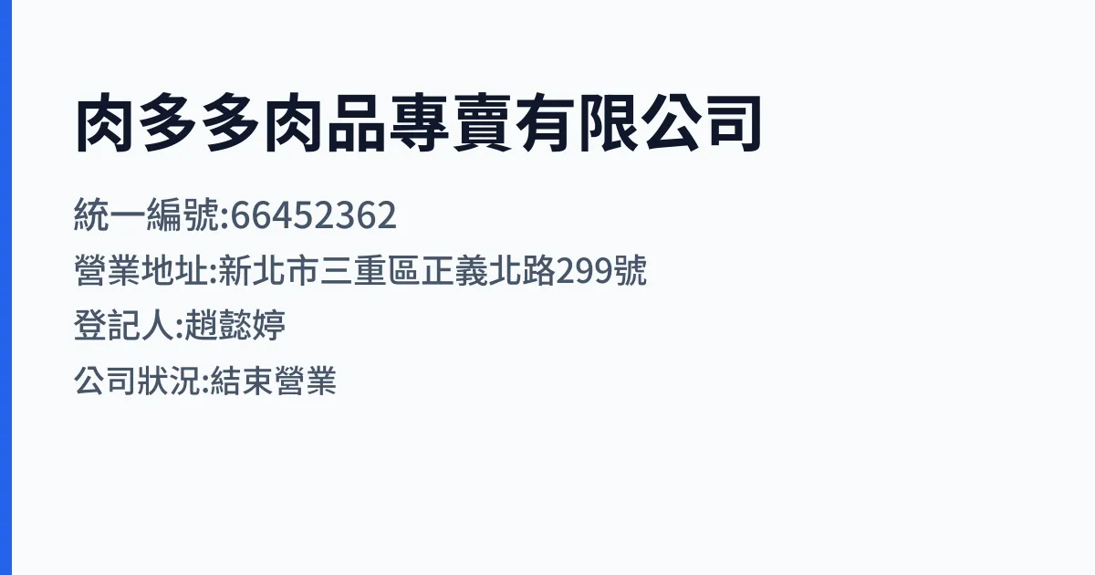 肉多多肉品專賣有限公司 - 統編 66452362(新北市) 公司登記資料與營業項目詳細圖表