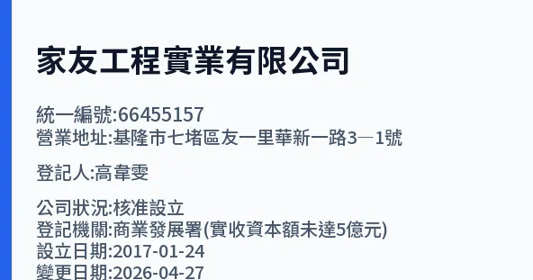 家友工程實業有限公司的照片-統編 66455157(基隆市) 公司登記資料與營業項目詳細圖表