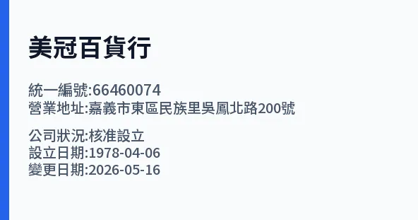 美冠百貨行的照片-統編 66460074(嘉義市) 公司登記資料與營業項目詳細圖表