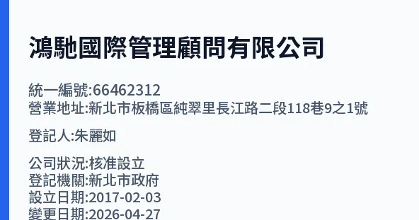 鴻馳國際管理顧問有限公司的照片-統編 66462312(新北市) 公司登記資料與營業項目詳細圖表
