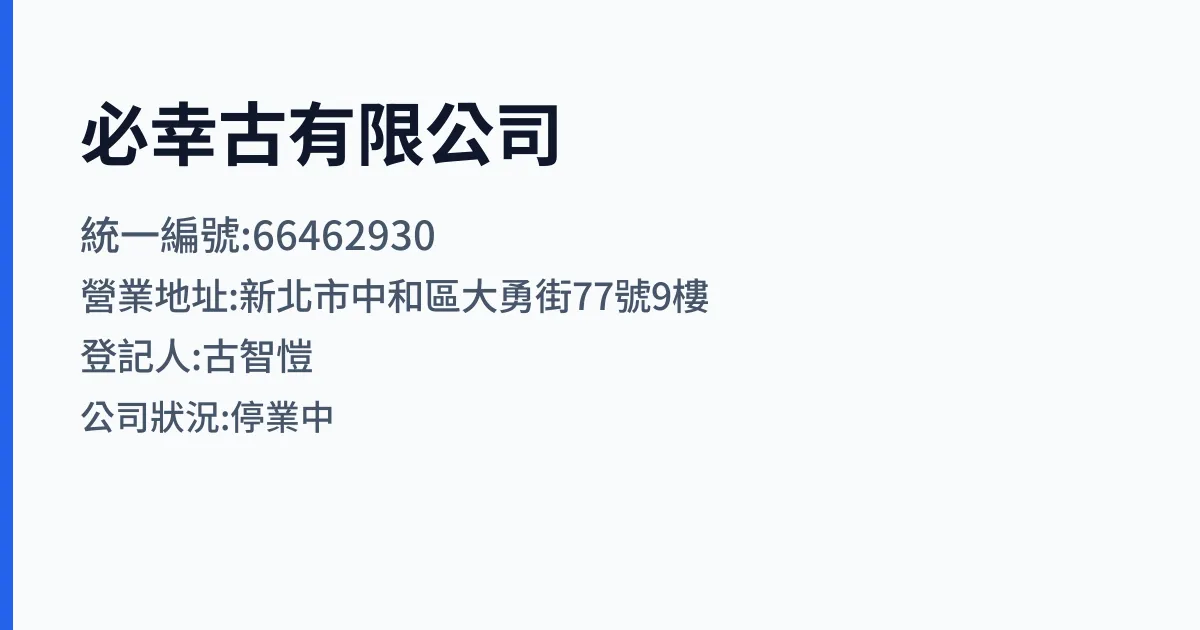 必幸古有限公司 - 統編 66462930(新北市) 公司登記資料與營業項目詳細圖表
